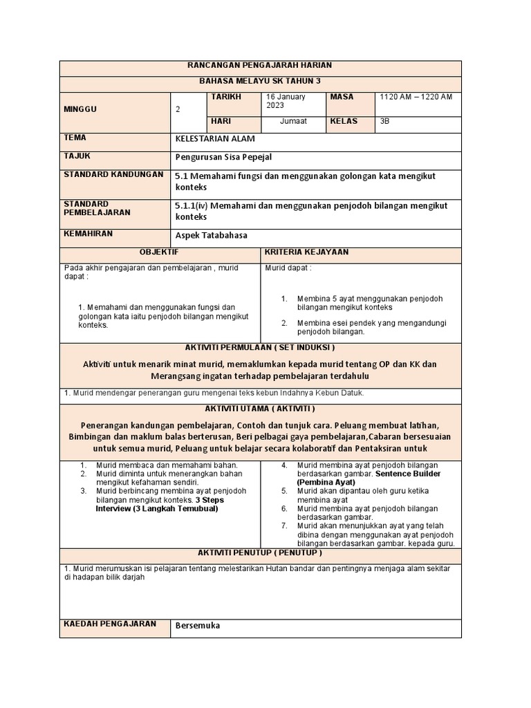 RPH BM Tahun 3B Minggu 3 Hari 1 | PDF