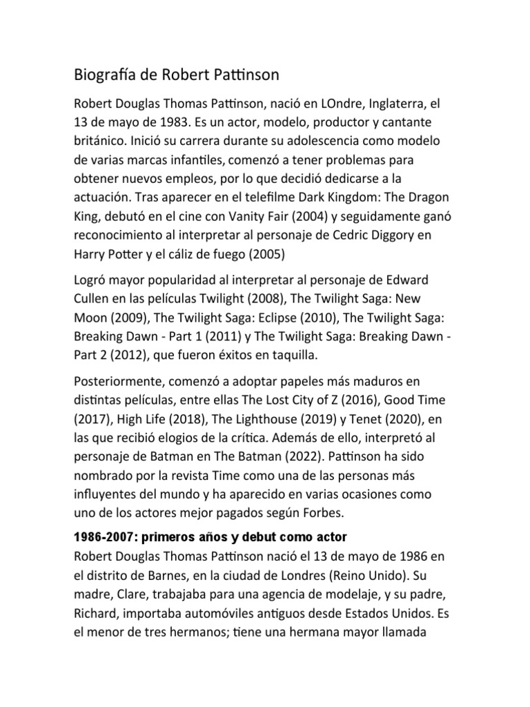 Biografía de Robert Pattinson | PDF