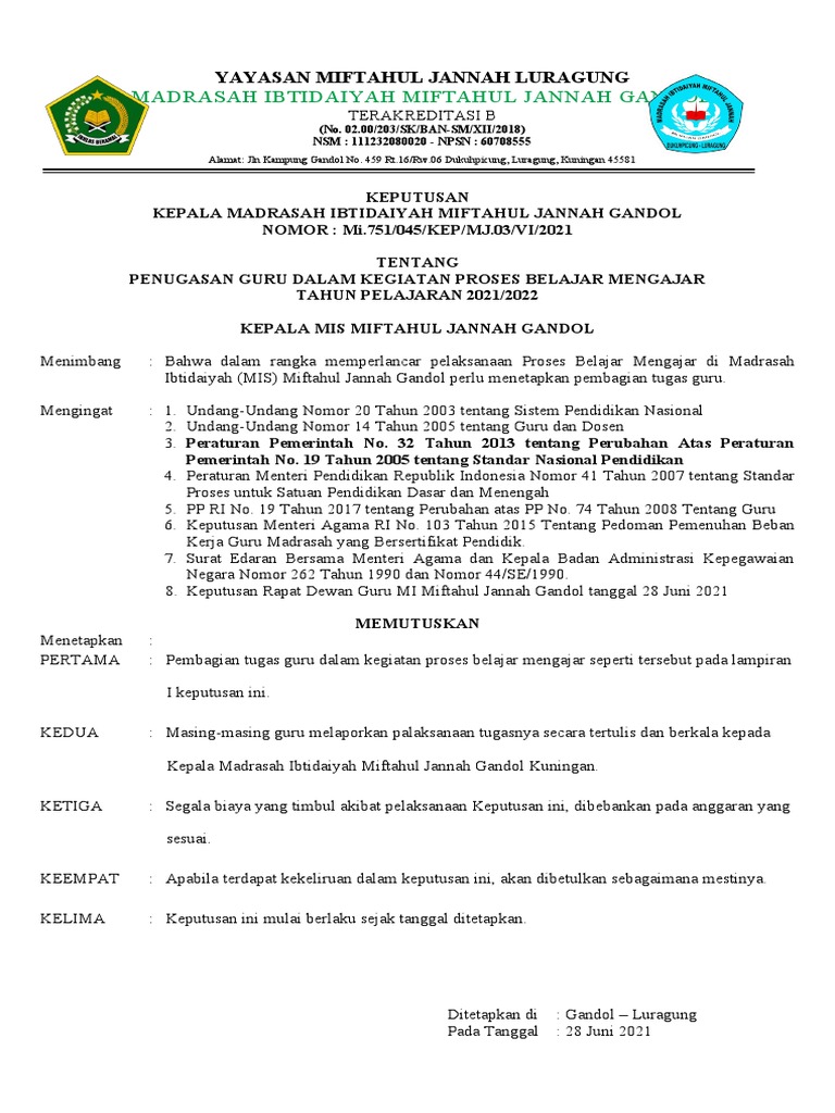 A.6 Konsider SK Penugasan Guru 2021-2022 | PDF