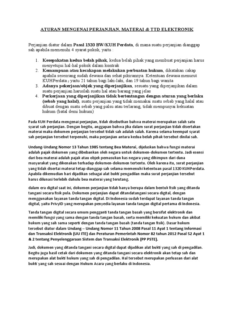 Aturan Mengenai Perjanjian, Materai & TTD Elektronik | PDF