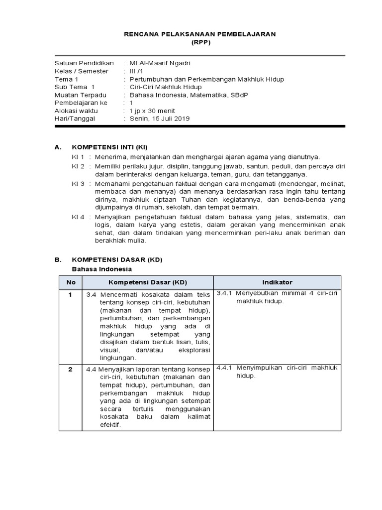 RPP Kelas 3 Tema 1 Subtema 1 | PDF