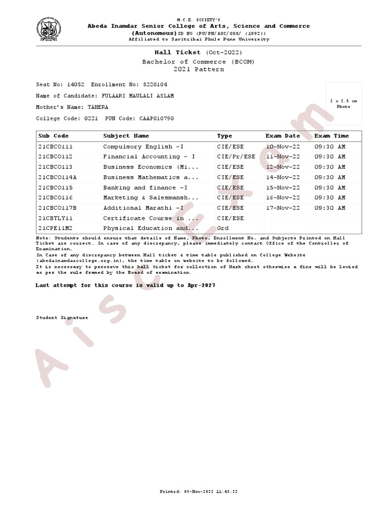 M.C.E. SOCIETY'S Abeda Inamdar Senior College Hall Ticket | PDF ...