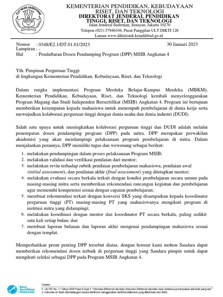 Pembukaan Pendaftaran Dosen Pendamping Program (DPP) Program MSIB ...