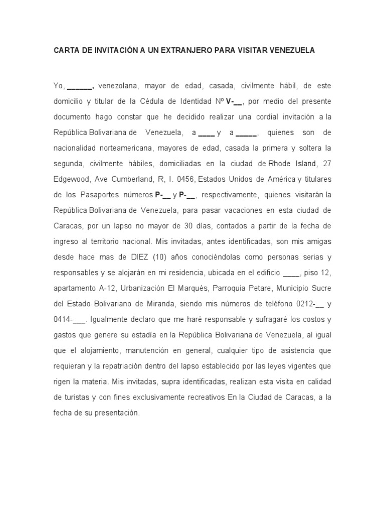 Carta de Invitación A Un Extranjero para Visitar Venezuela | Descargar ...