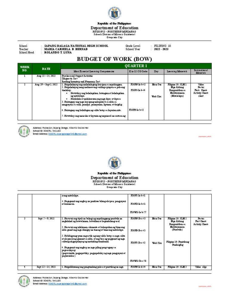 Q1 Filipino10 BOW | PDF