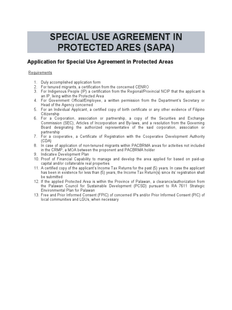 Special Use Agreement in Protected Areas Reuirements | PDF
