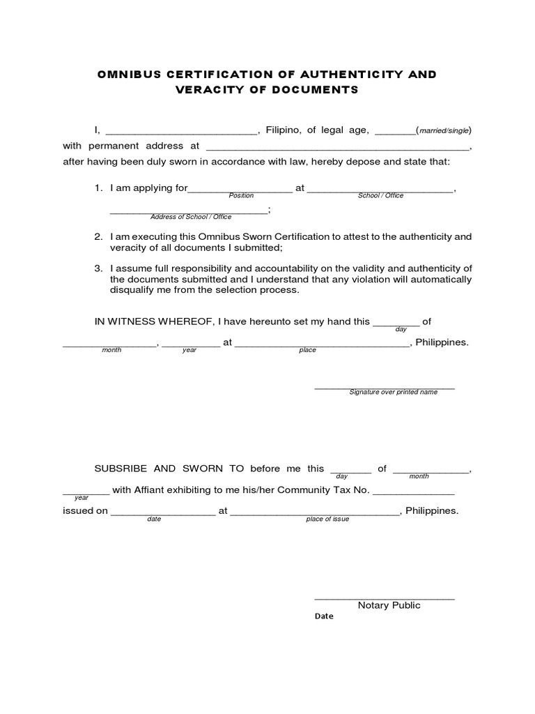 Omnibus Certification of Authenticity and Veracity of Documents | PDF