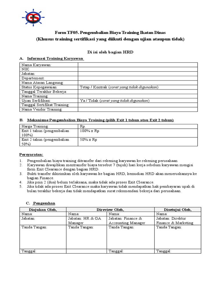 TF.05 Form Pengembalian Biaya Training | PDF