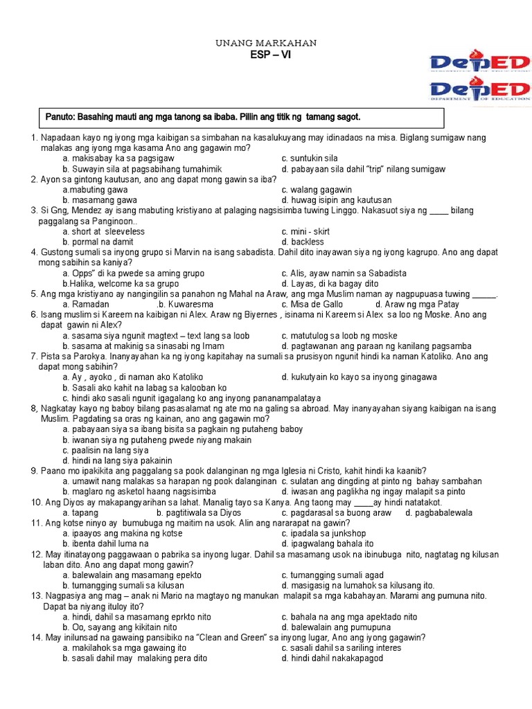 1ST Esp Unang Markahang Pagsusulit | PDF