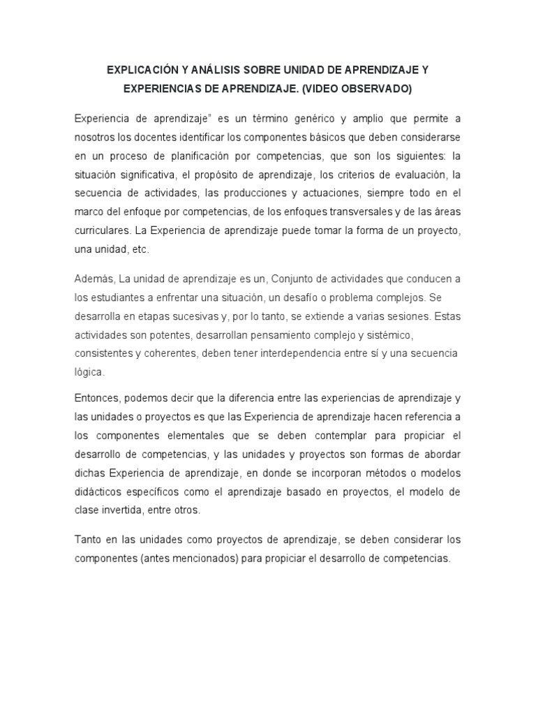 Explicación y Análisis Sobre Unidad de Aprendizaje y Experiencias de Aprendizaje | PDF
