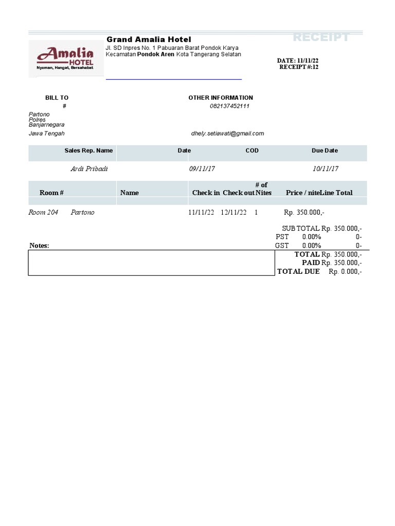 1 Contoh Bill Hotel Secara Umum | PDF