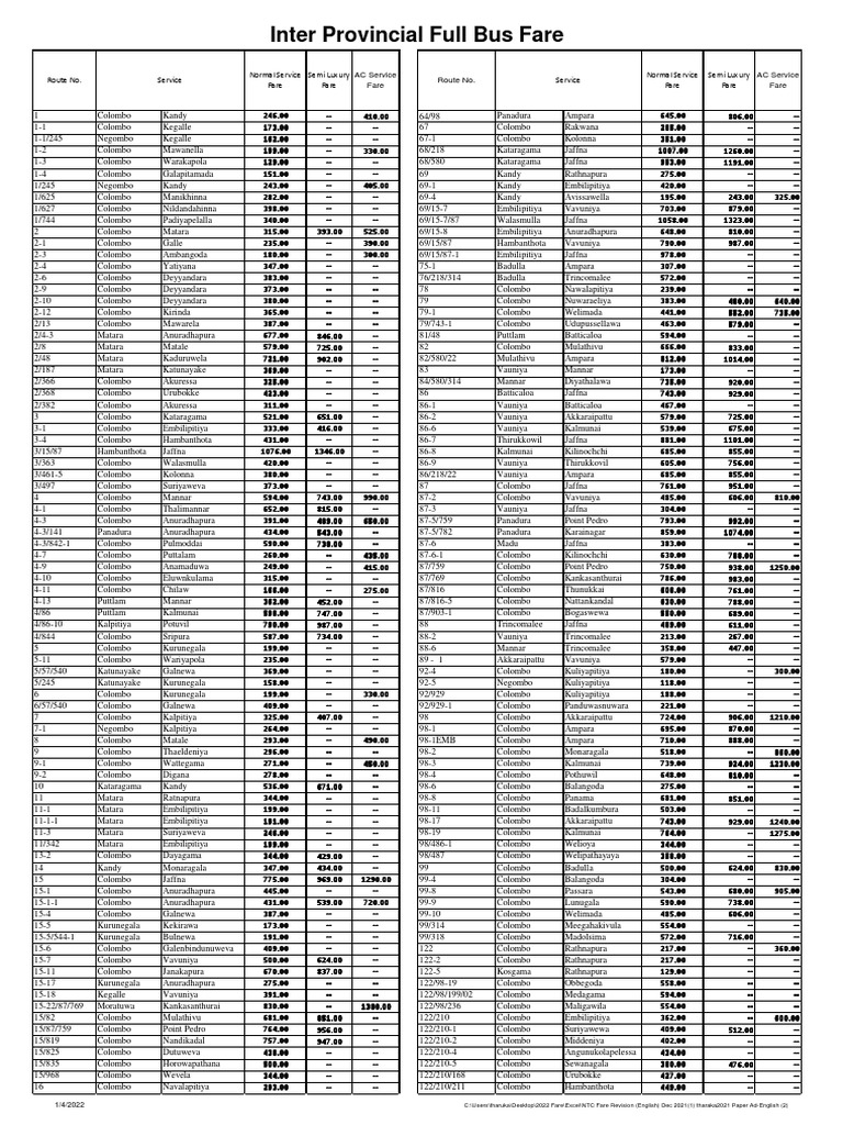 Inter Provincial Full Bus Fare - ENG | PDF