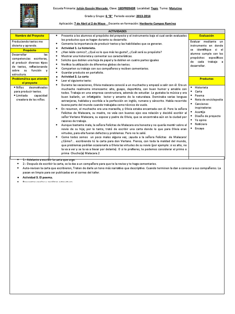 Proyecto de Escritura Creativa Escolar | PDF | Cómics