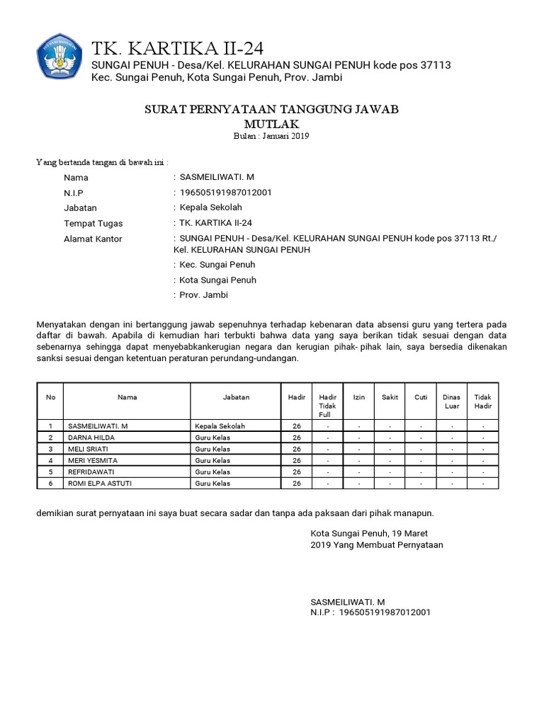 Contoh SPTJM Absen Online | PDF