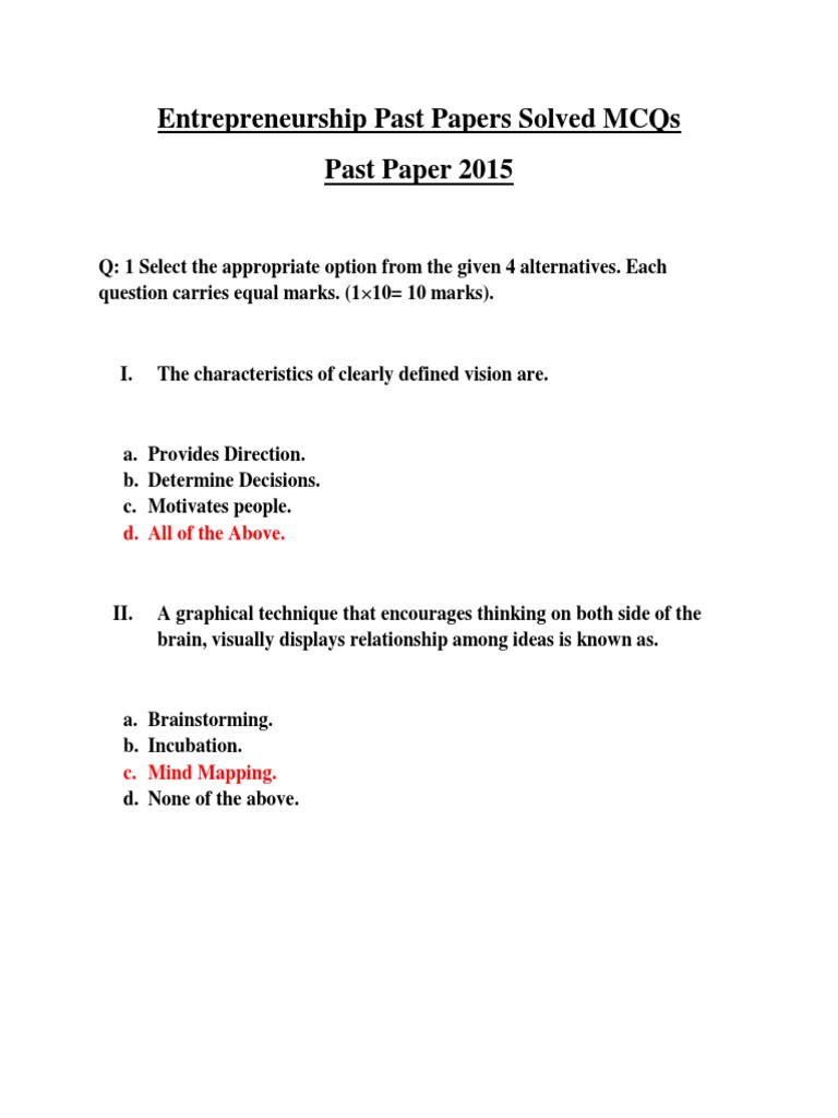 Entrepreneurship Past Papers Solved MCQs | PDF | Entrepreneurship | Marketing