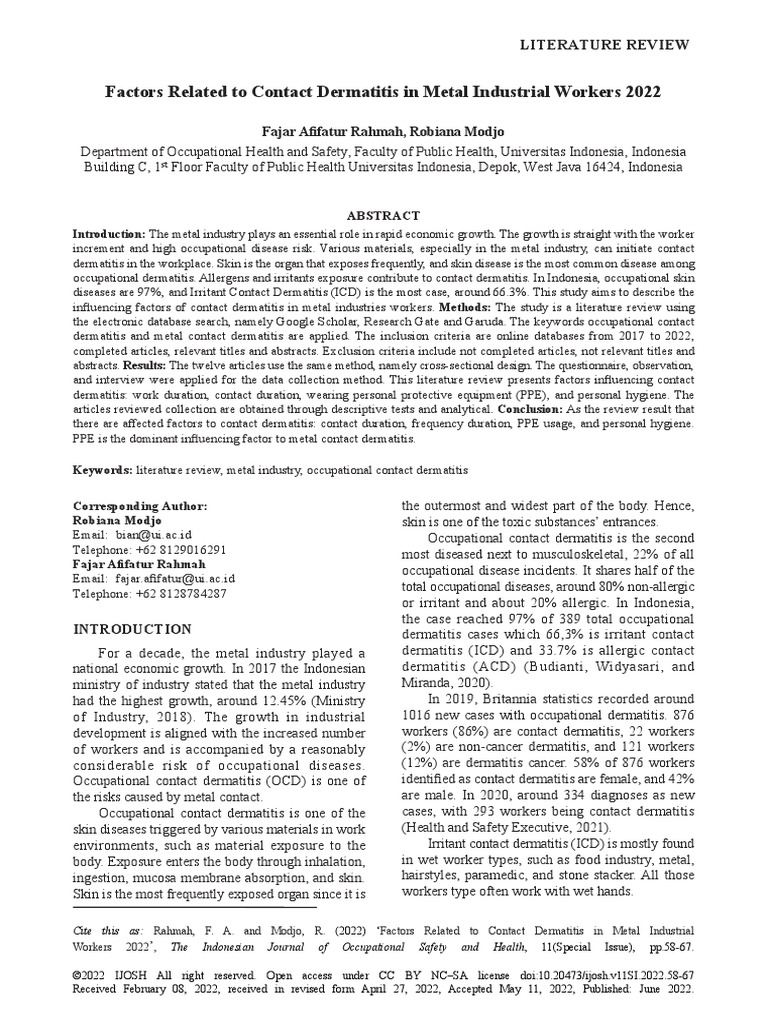 Factors Related To Contact Dermatitis in Metal Industrial Workers 2022 ...