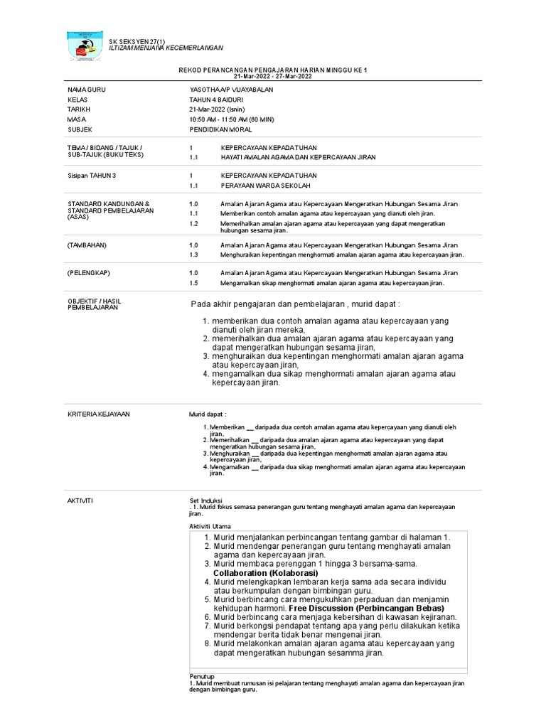 Yasotha A - P Vijayabalan - RPH - Minggu - 1 - Tahun - 2022 | PDF