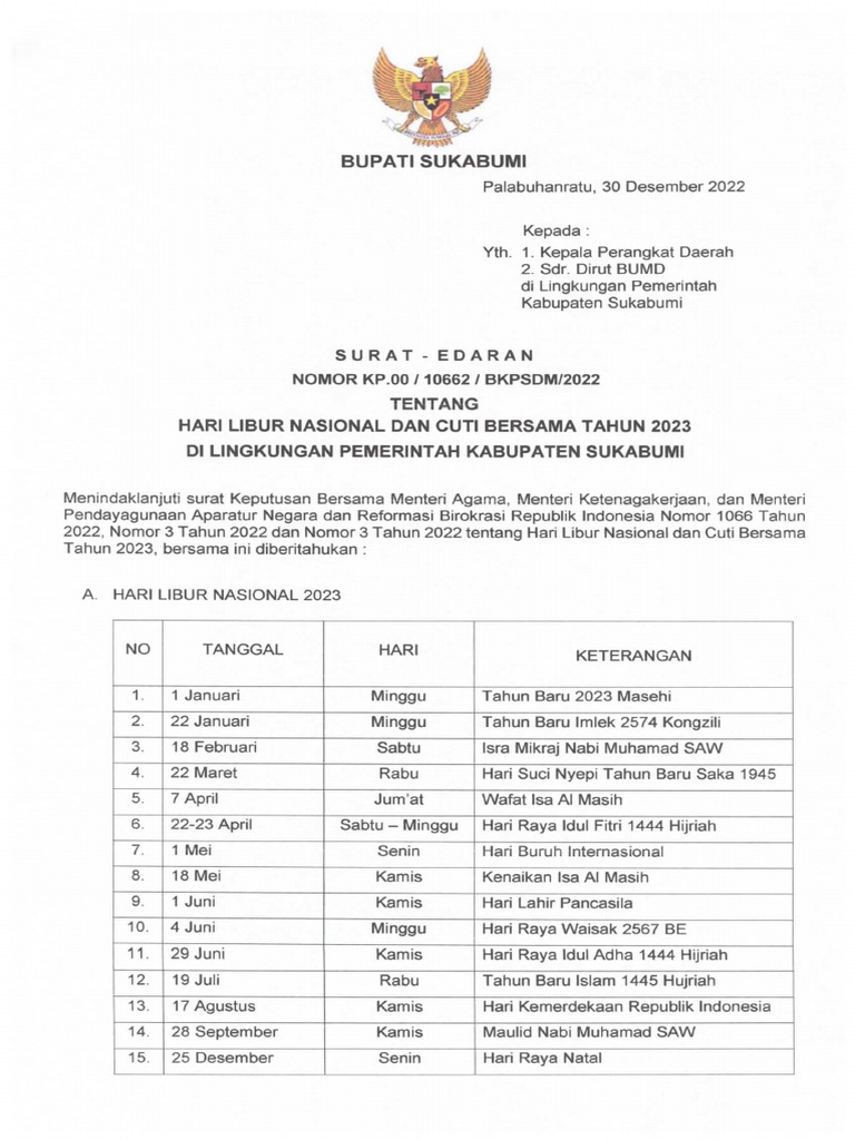 D. 037. BUPATI SUKABUMI. EDARAN BUPATI SUKABUMI TENTANG HARI LIBUR NASIONAL DAN CUTI BERSAMA ...