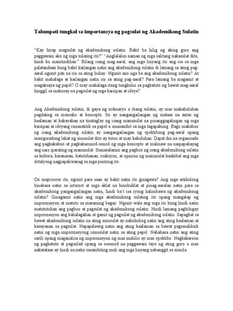 Talumpati Tungkol Sa Importansya NG Pagsulat NG Akademikong Sulatin | PDF