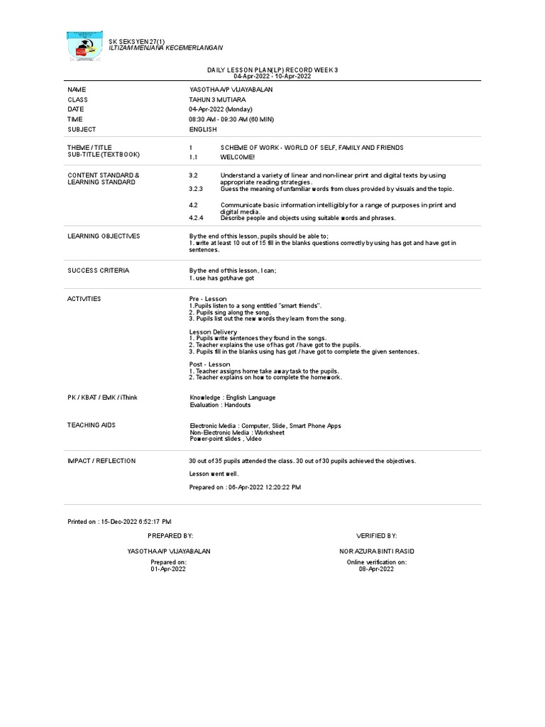 Yasotha A - P Vijayabalan - RPH - Minggu - 3 - Tahun - 2022 | PDF | Lesson Plan | Teachers