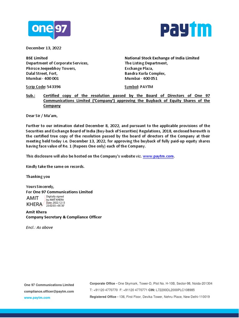 Board Resolution For Approval of Buyback December 13 2022 | PDF | Share ...