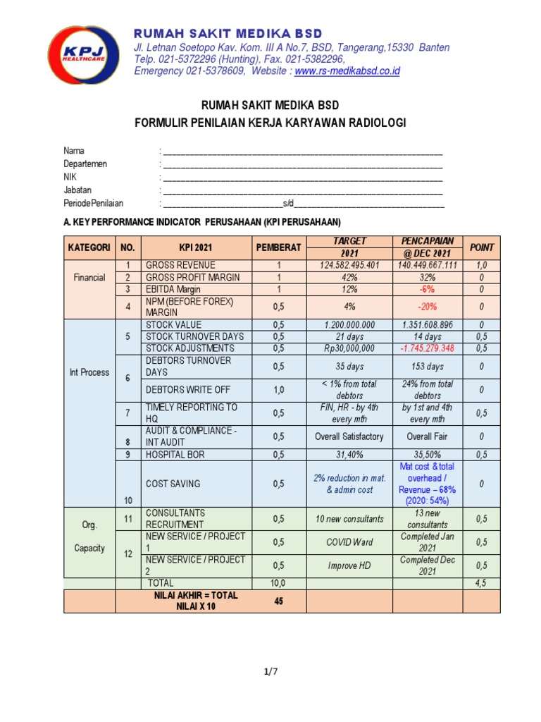 Formulir Penilaian Kinerja 2021 PK Radiologi | PDF