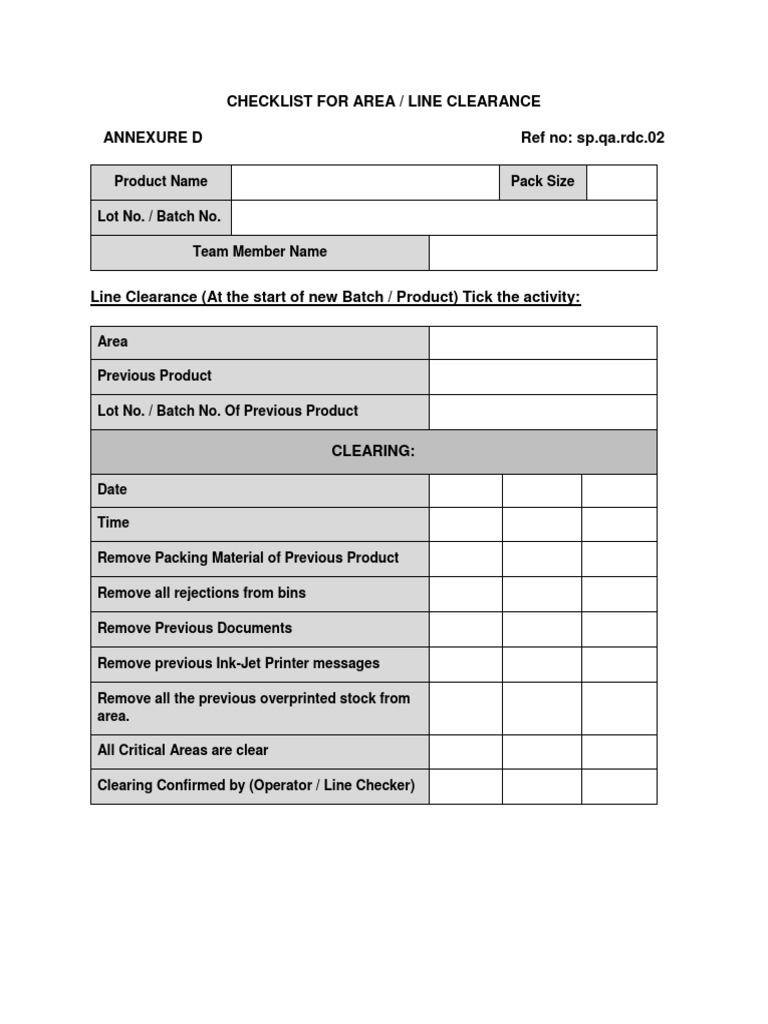 ANNEXURE D Checklist For Area or Line Clearance | PDF
