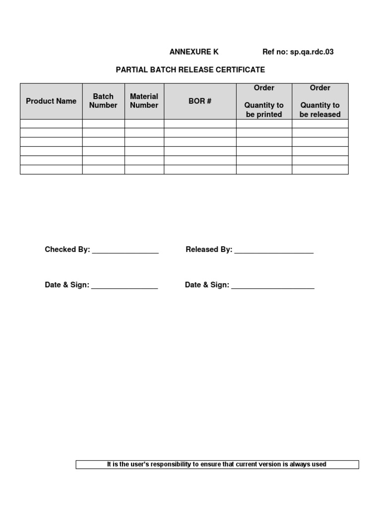 ANNEXURE K For Partial Batch Release Certificate | PDF