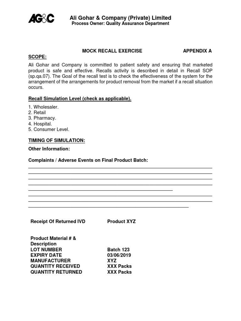 ANNEXURE A&B of Product Recall | PDF