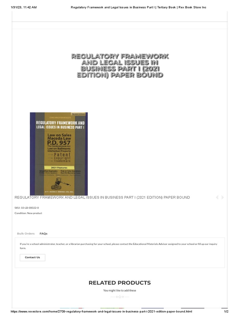 Regulatory Framework and Legal Issues in Business Part I - Tertiary Book - Rex Book Store Inc | PDF