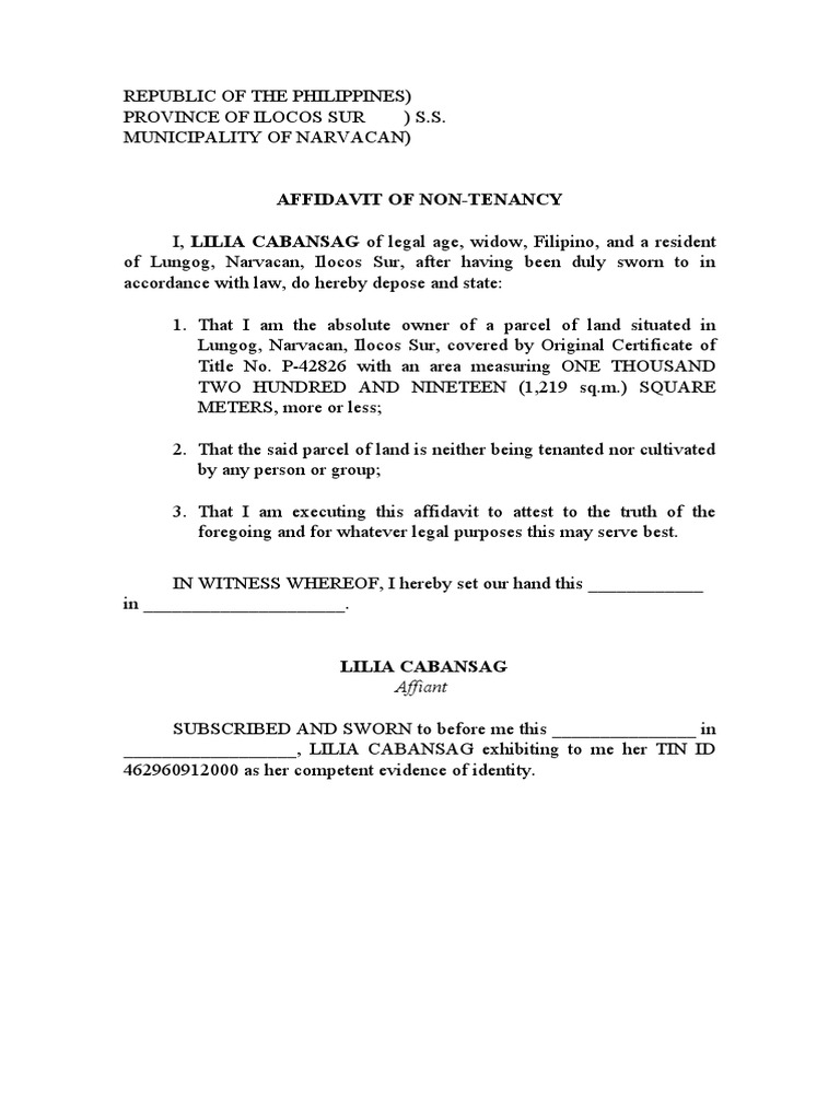Affidavit of Non-tenancy Cabansag Lilia | PDF