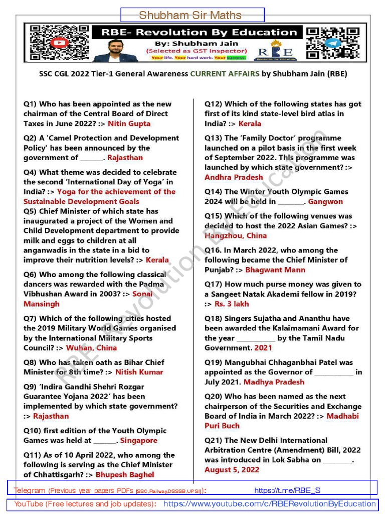 Current Affairs Eng SSC CGL 2022 One Liner by Shubham Sir RBE | PDF