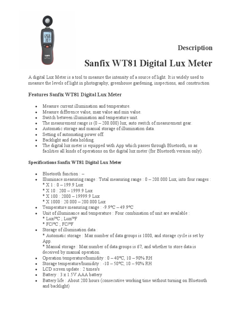 Spesifikasi Lux Meter Sanfix Wt81 | PDF