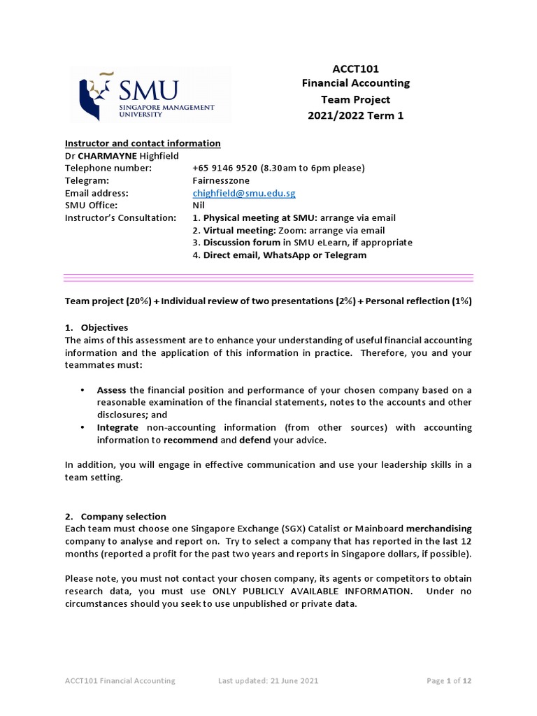 ACCT101 Project Instructions (Final 21jun21) | PDF | Evaluation | Risk