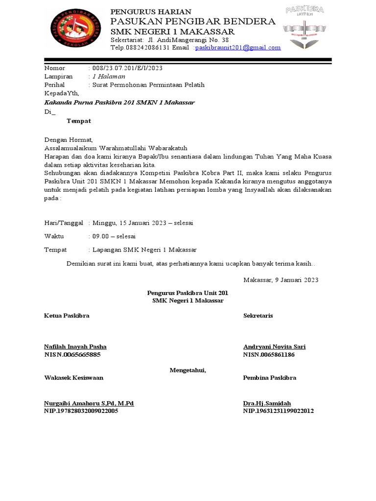 Permohonan Pelatih Paskibra SMKN 1 | PDF