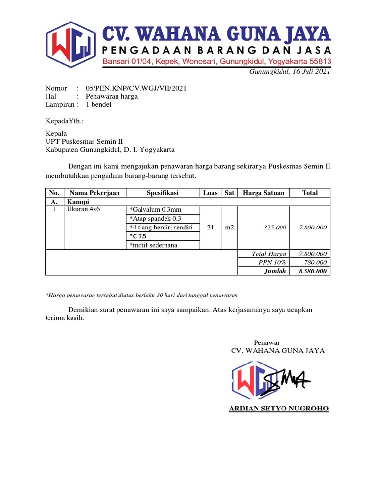 Penawaran Kanopi Pusk. Semin II GGG | PDF