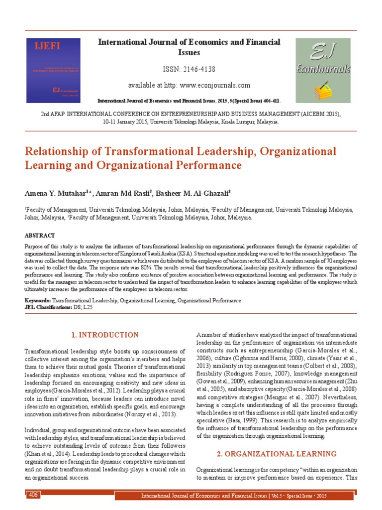 Relationship Of Transformational Leadership Organizational Learning