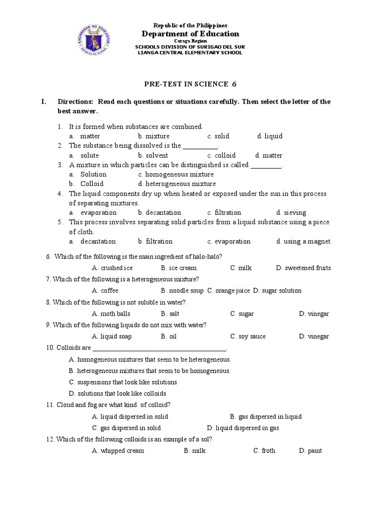 Pre-Test Science 6 | PDF | Mixture | Applied And Interdisciplinary Physics