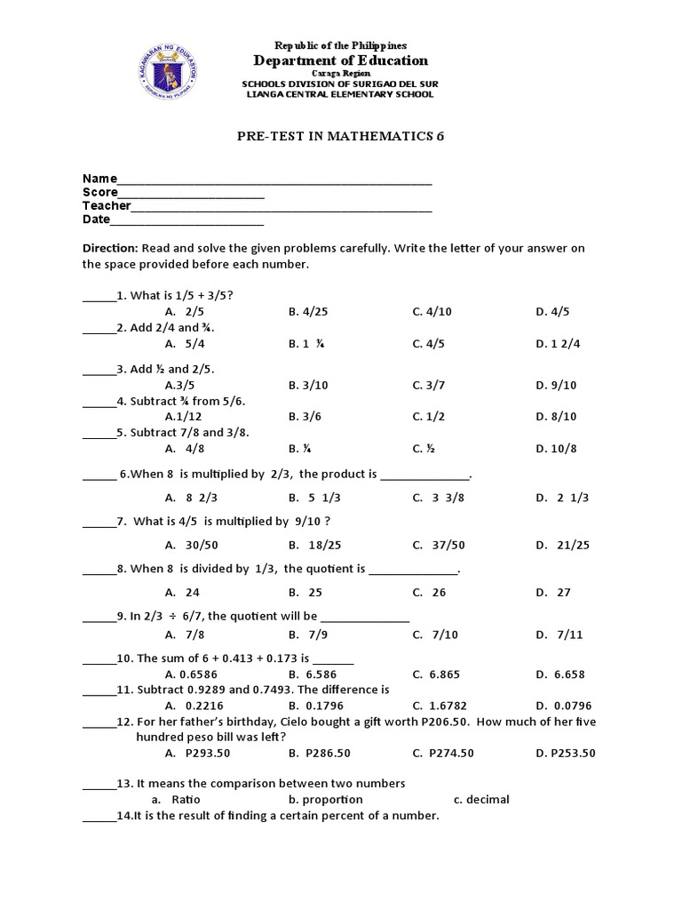 Pre-Test Mathematics 6 | PDF | Volume | Triangle