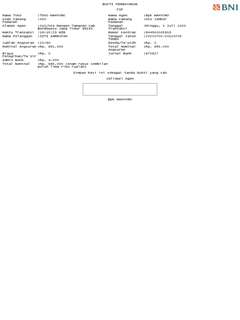 Bukti Pembayaran FIF Jember | PDF