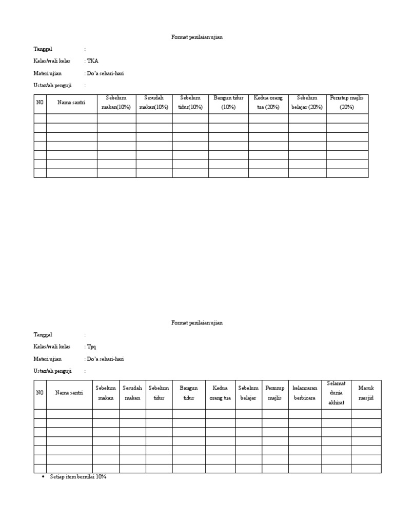Format Penilaian Doa Sehari-Hari | PDF