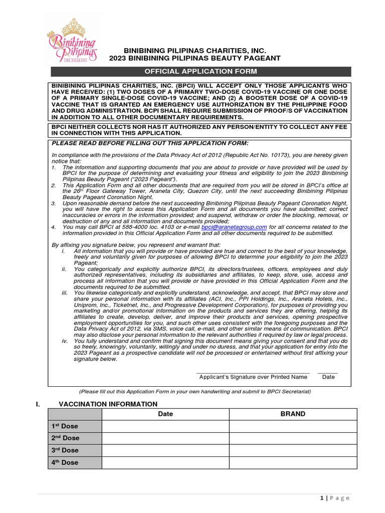 2023 Binibining Pilipinas Official Application Form | PDF | Identity ...