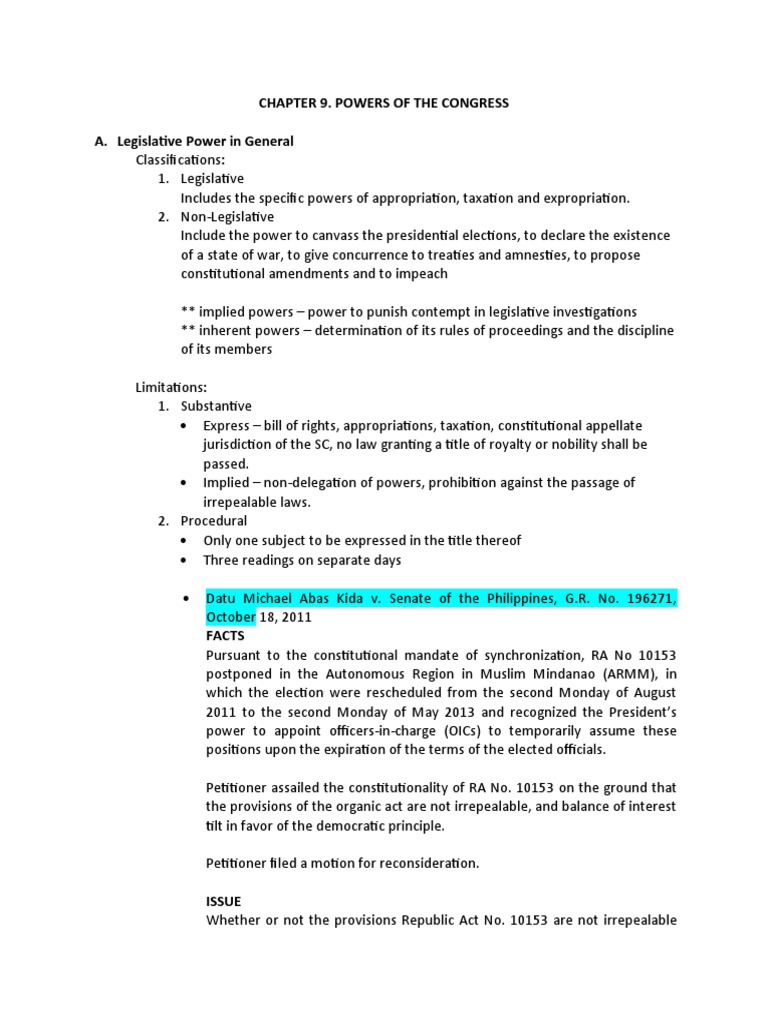 Chapter 9 - Powers of The Congress | PDF | Bill (Law) | United States ...