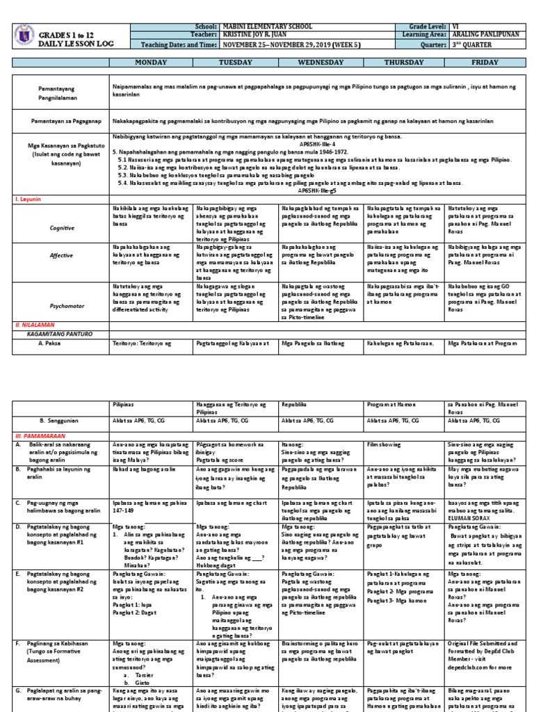 DLL - Araling Panlipunan 6 - Q3 - W5 | PDF
