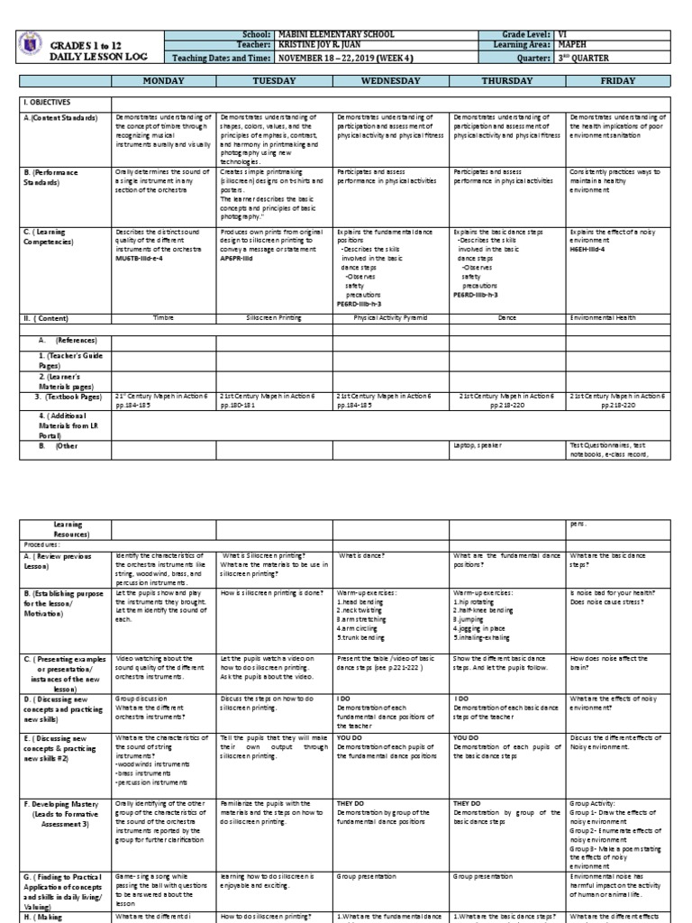 DLL - Mapeh 6 - Q3 - W4 | PDF | Learning | Dances