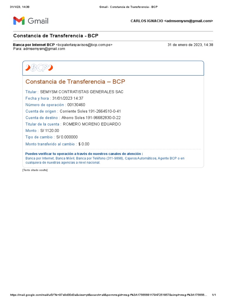 Gmail - Constancia de Transferencia - BCP | PDF
