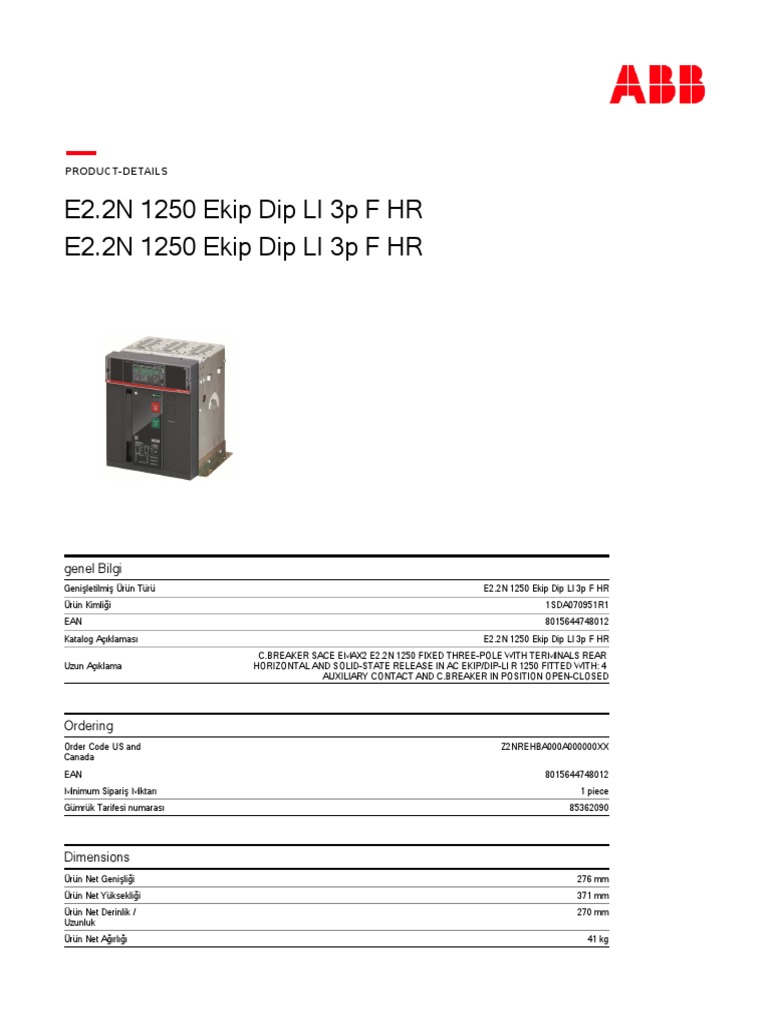 1SDA070951R1 E2 2n 1250 Ekip Dip Li 3p F HR | PDF