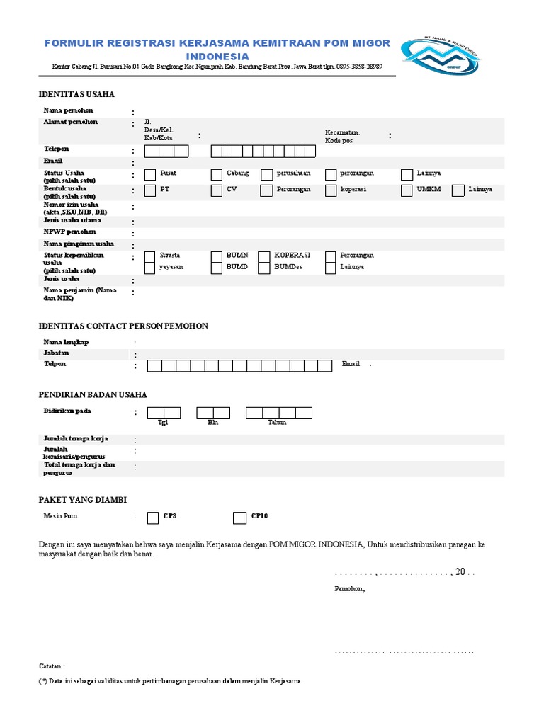 Formulir Registrasi Kerjasama Kemitraan Pom Migor Indonesia | PDF