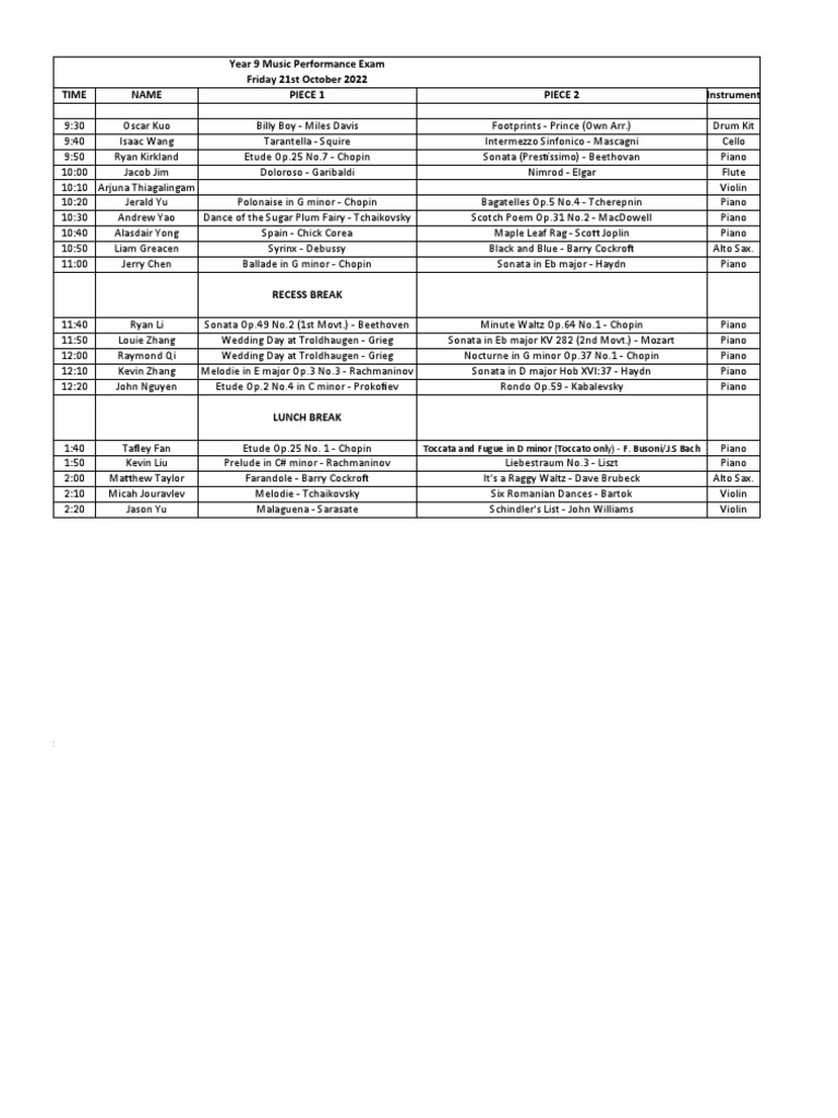Year 9 Yearly Performance Exam 2022 Timetable | PDF | Frédéric Chopin | Sonata