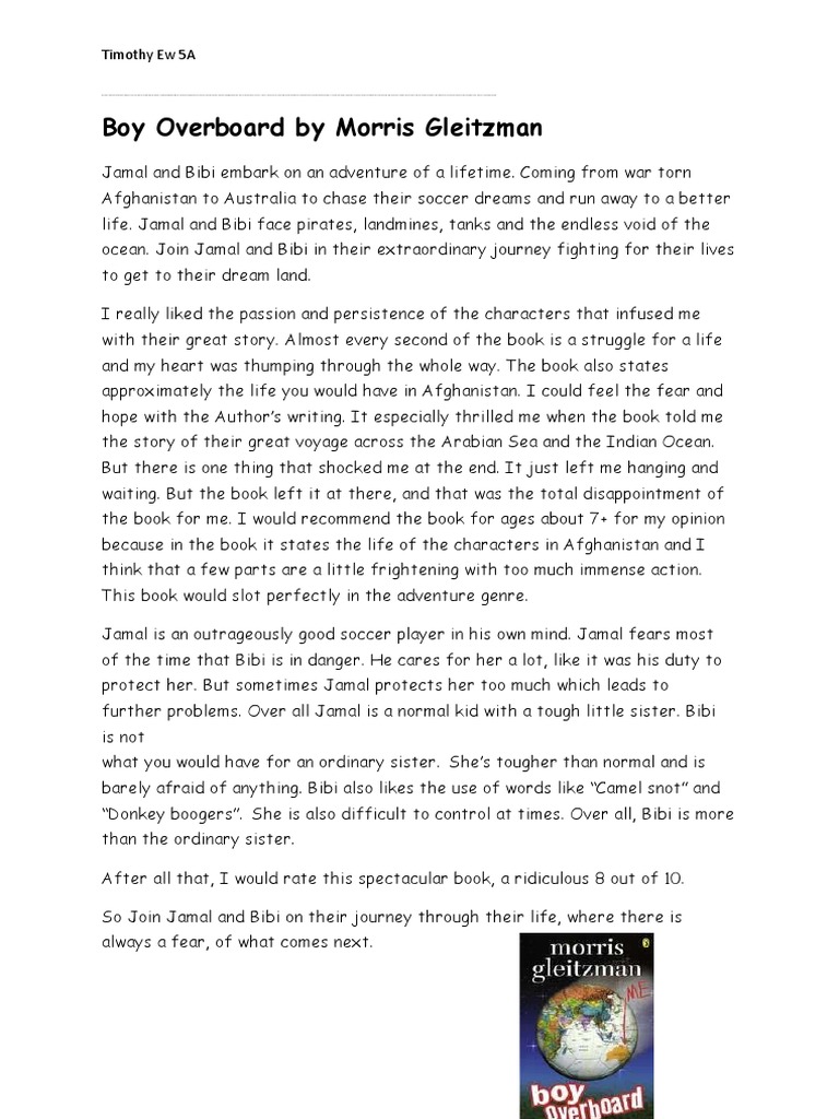 Boy Overboard by Morris Gleitzman: Timothy Ew 5A | PDF